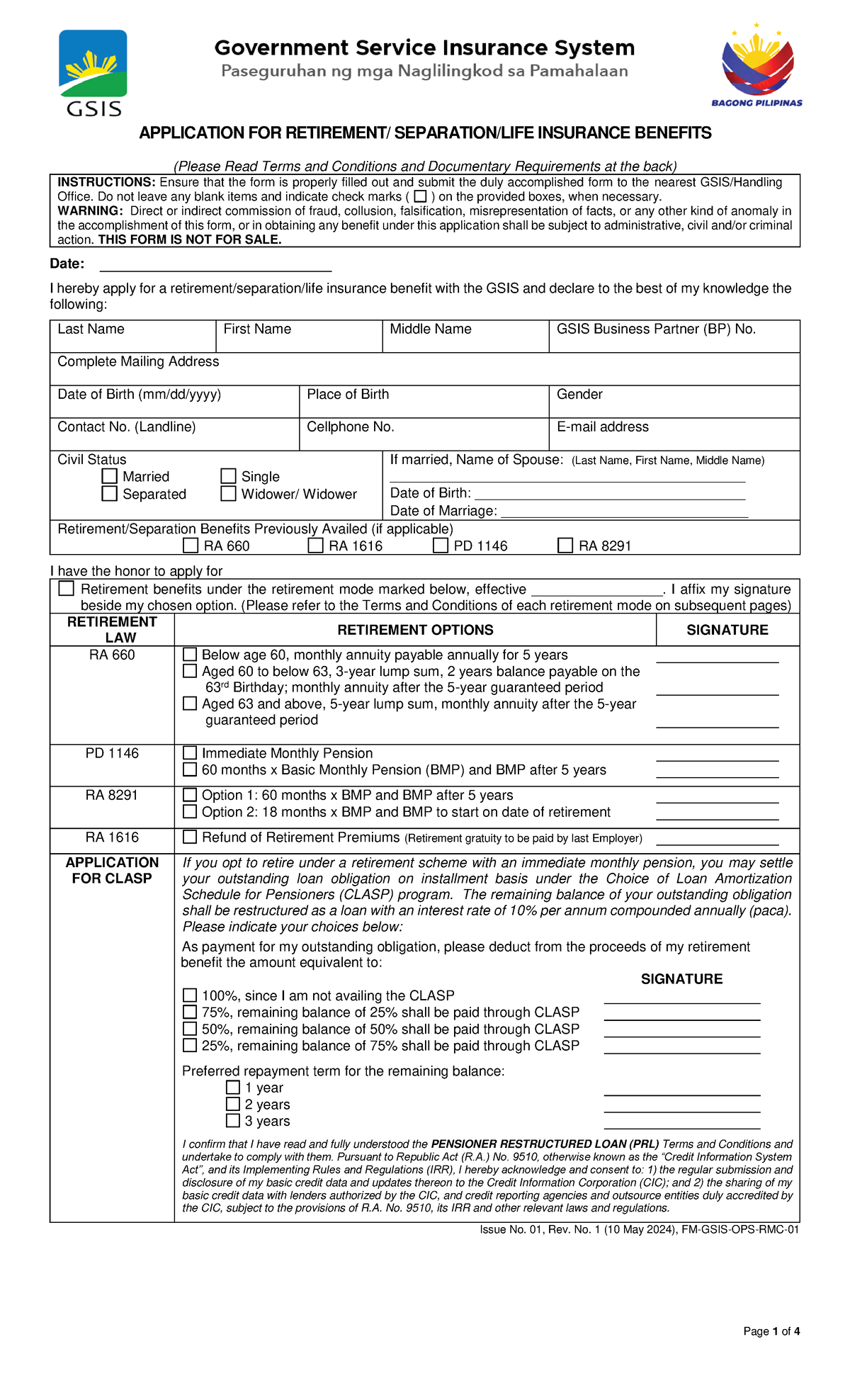 FM-GSIS-OPS-RMC-01 Application for Retirement Separation Life Insurance ...