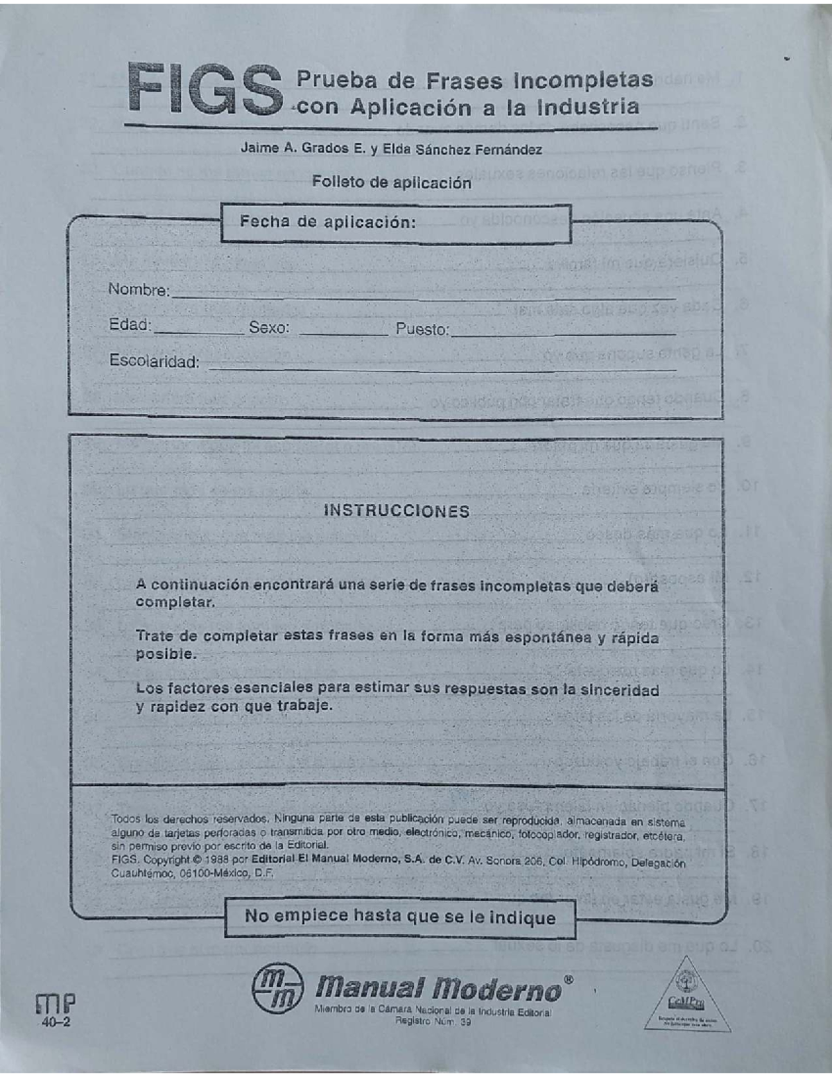 FIGS Prueba de Frases Incompletas con Aplicación a la Industria - Studocu