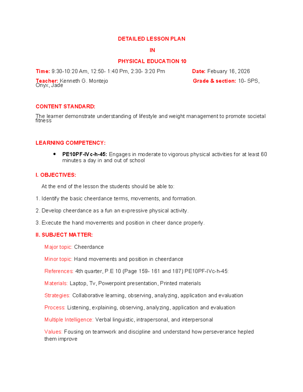 DETAILED LESSON PLAN: CHEERDANCE IN PHYSICAL EDUCATION 10 - Studocu