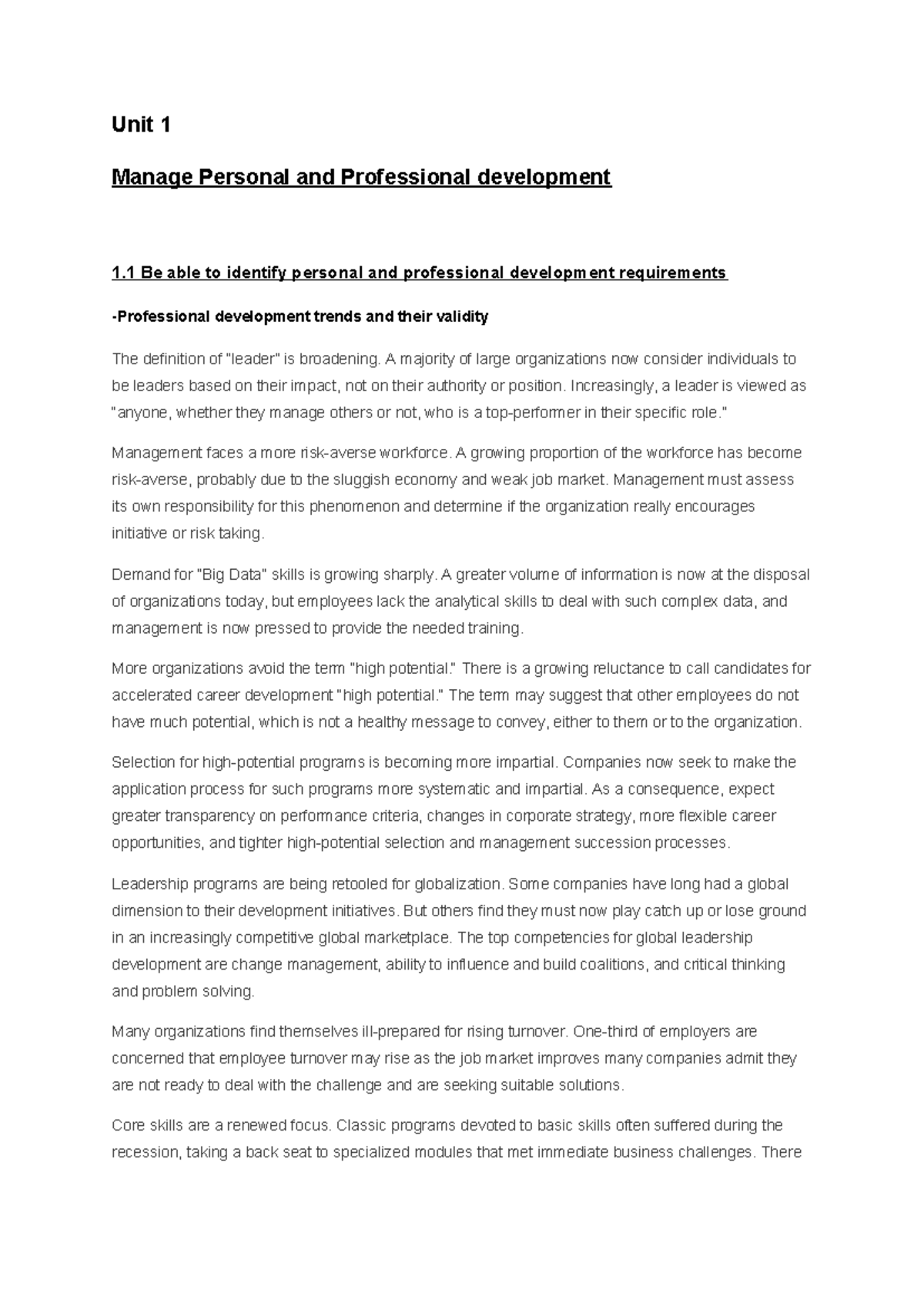 Unit 1 - Personal & Professional Development Insights and Trends - Studocu