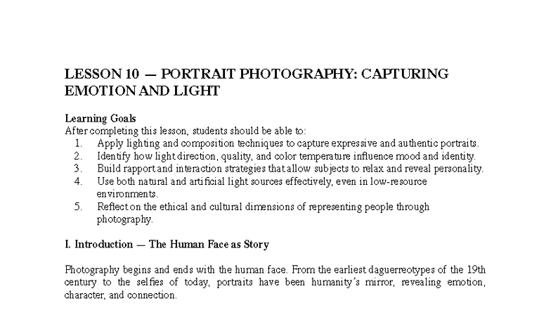 LESSON 10-12 PHOTOGRAPHY: EMOTION, LIGHT, AND STORYTELLING - Studocu
