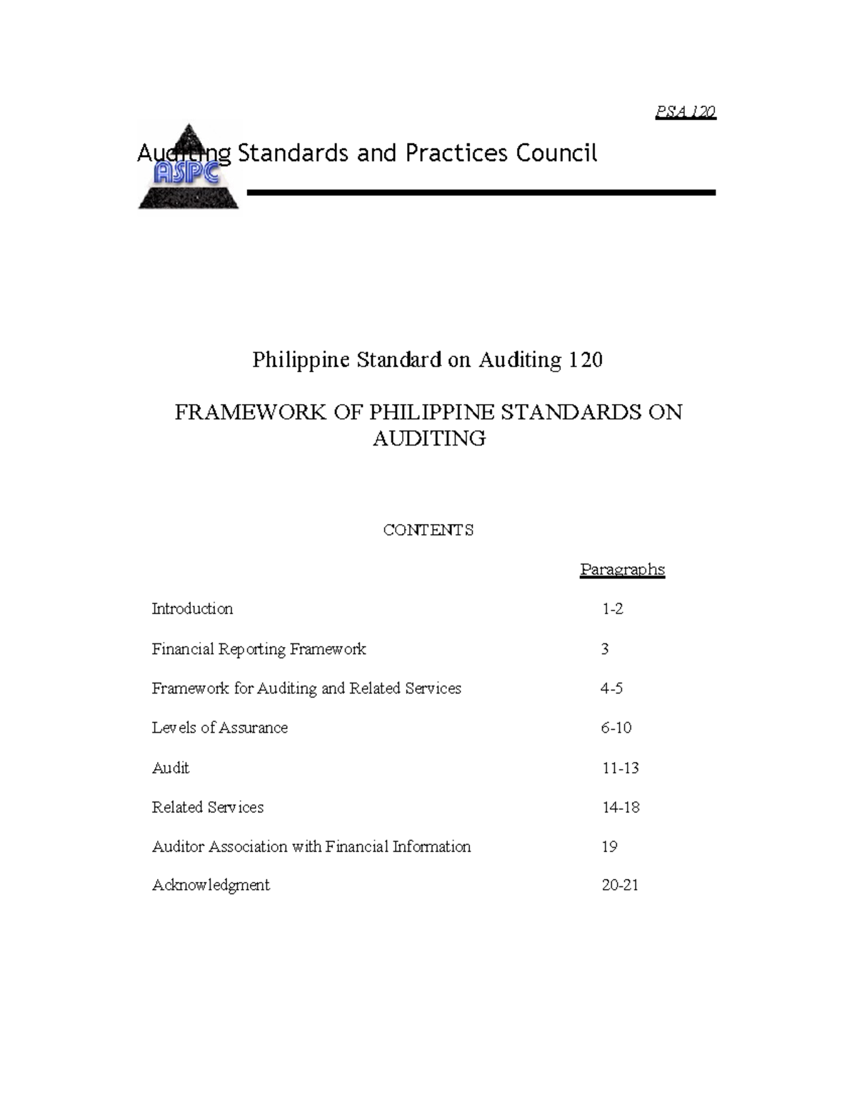 PSA 120 Framework of Philippine Auditing Standards Overview - Studocu