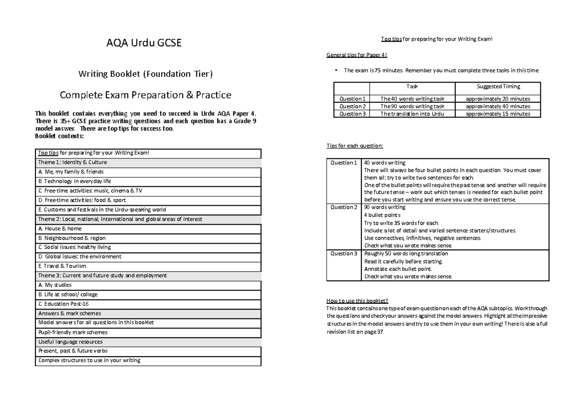 AQA Urdu GCSE Paper 4 Writing Exam Preparation & Guidance - Studocu
