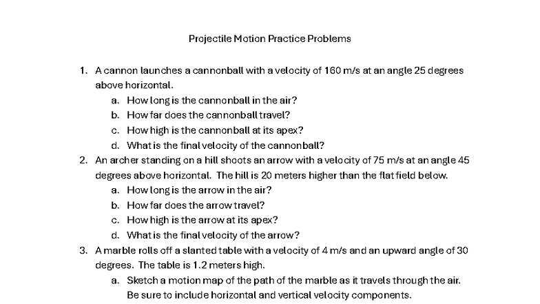Kinematics Test Practice Questions: Projectile Motion Problems - Studocu