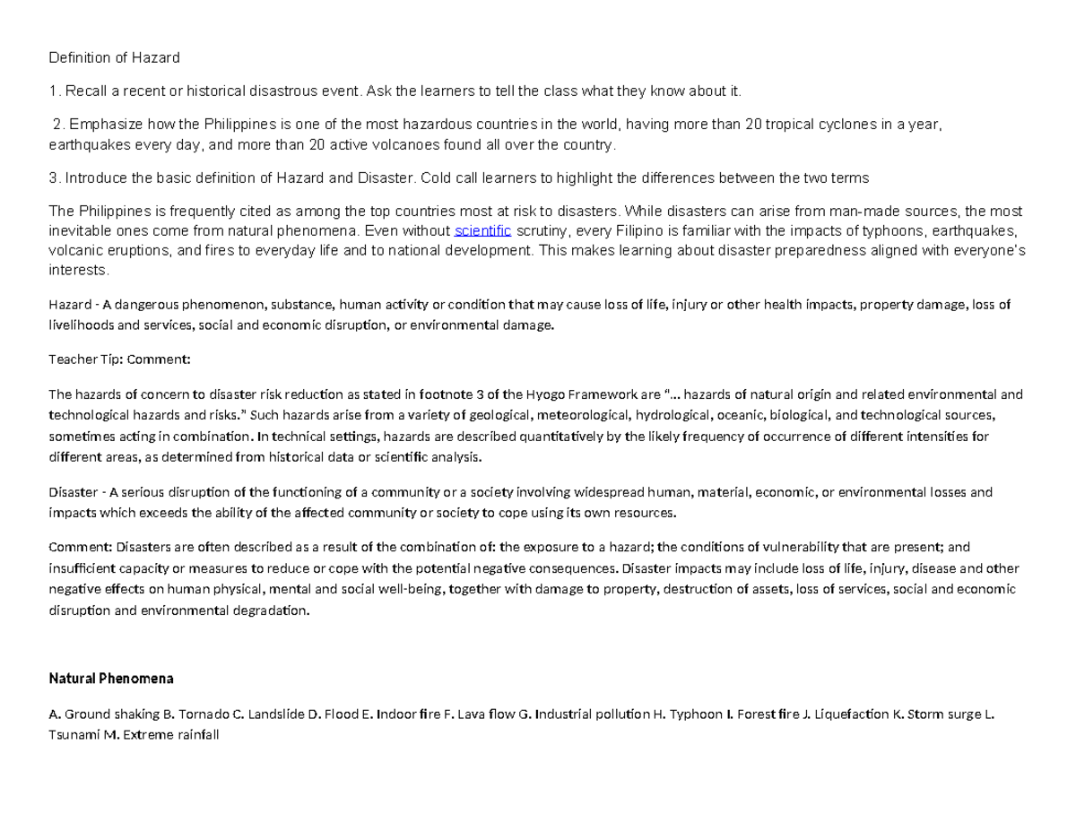 DRRR Lesson 1 - DRRR - Definition of Hazard Recall a recent or ...