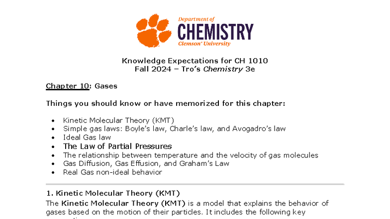 Course Objectives and Key Concepts for CH 1010: Gases Chapter Overview ...