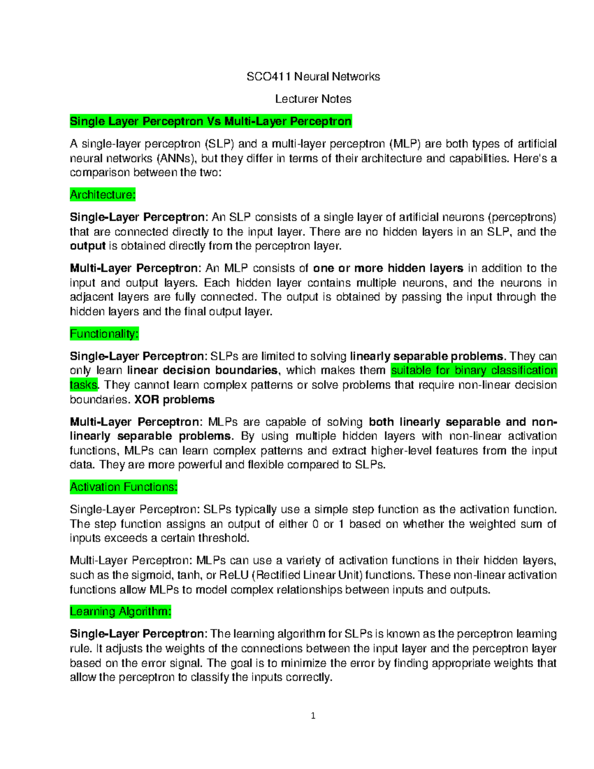 SCO411 Neural Networks Lecture Notes: SLP vs MLP Comparison - Studocu