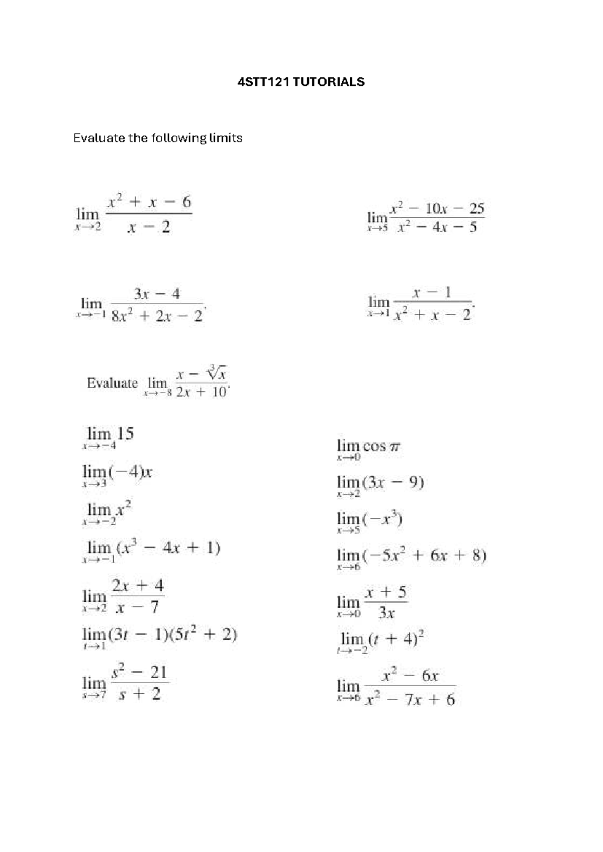 4STT121 TUTORIALS: Evaluating Various Limits - Studocu