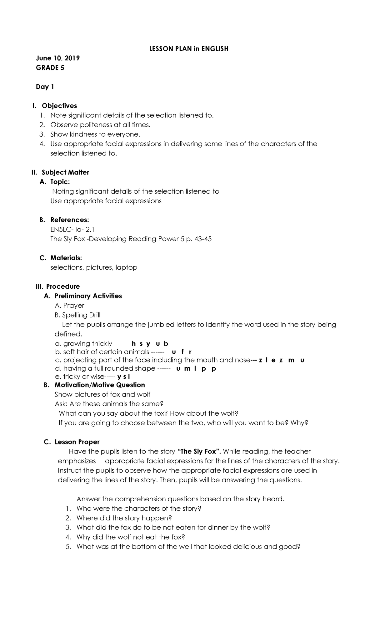ENGLISH GRADE 5 LESSON PLAN: Noting Details & Facial Expressions - Studocu