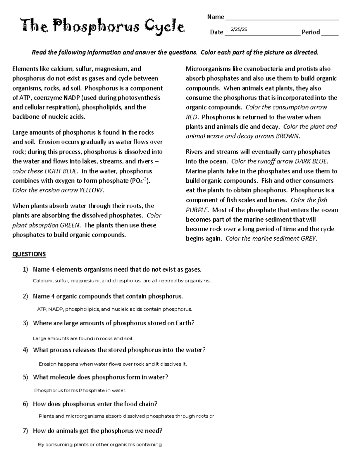 PHSC 101: The Phosphorus Cycle - Notes and Questions - Studocu