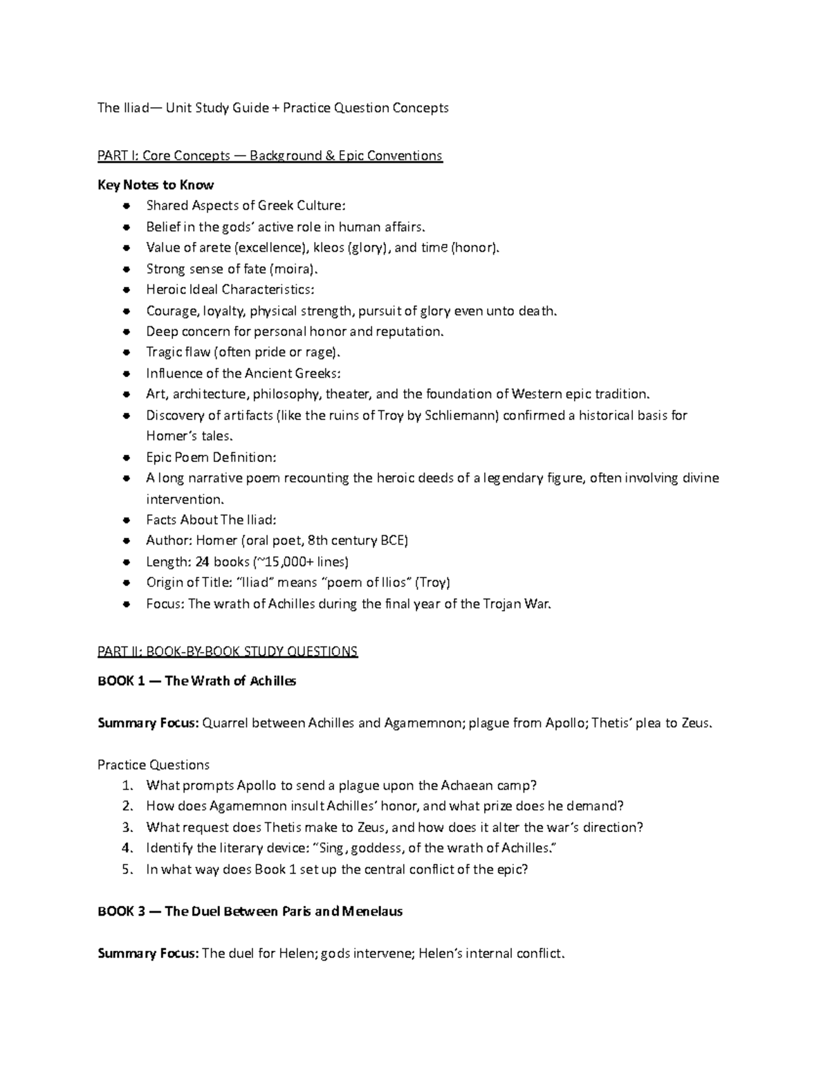 The Iliad: Unit Study Guide & Practice Questions on Core Concepts - Studocu