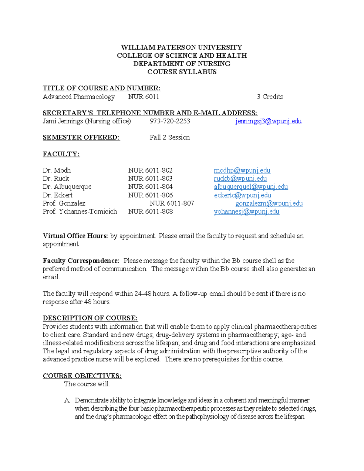 NUR 6011 Advanced Pharmacology Course Syllabus Fall 2024 - Studocu