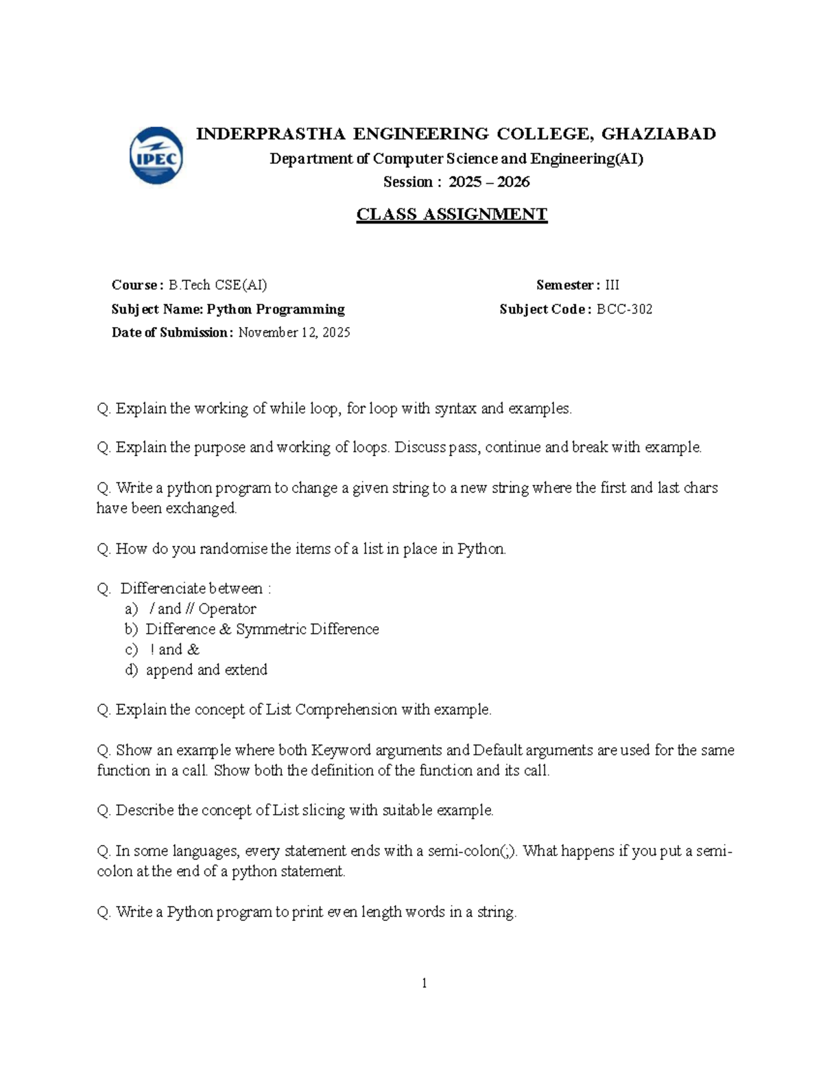 Python Programming Assignment - B.Tech CSE(AI) - Sem 2025-2026 - Studocu