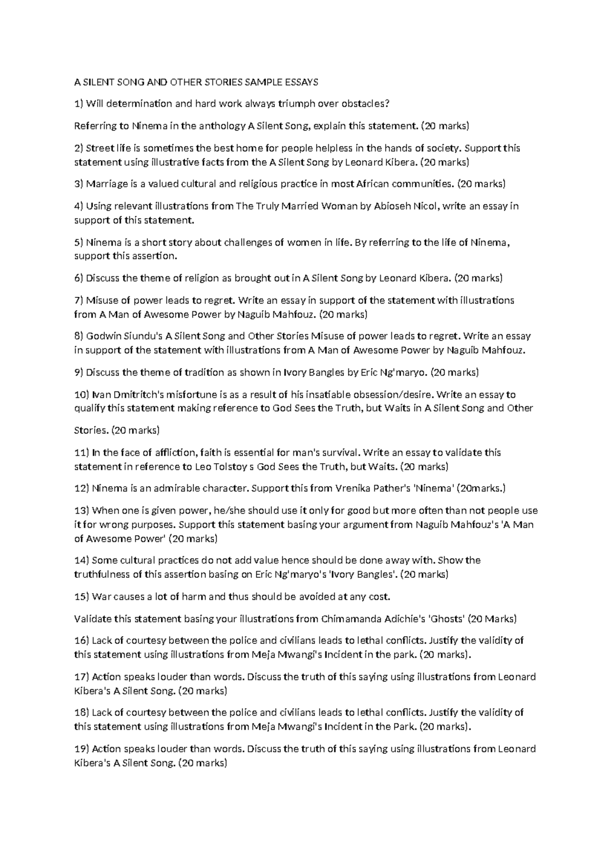 Sample Essays on "A Silent Song and Other Stories" Analysis - Studocu