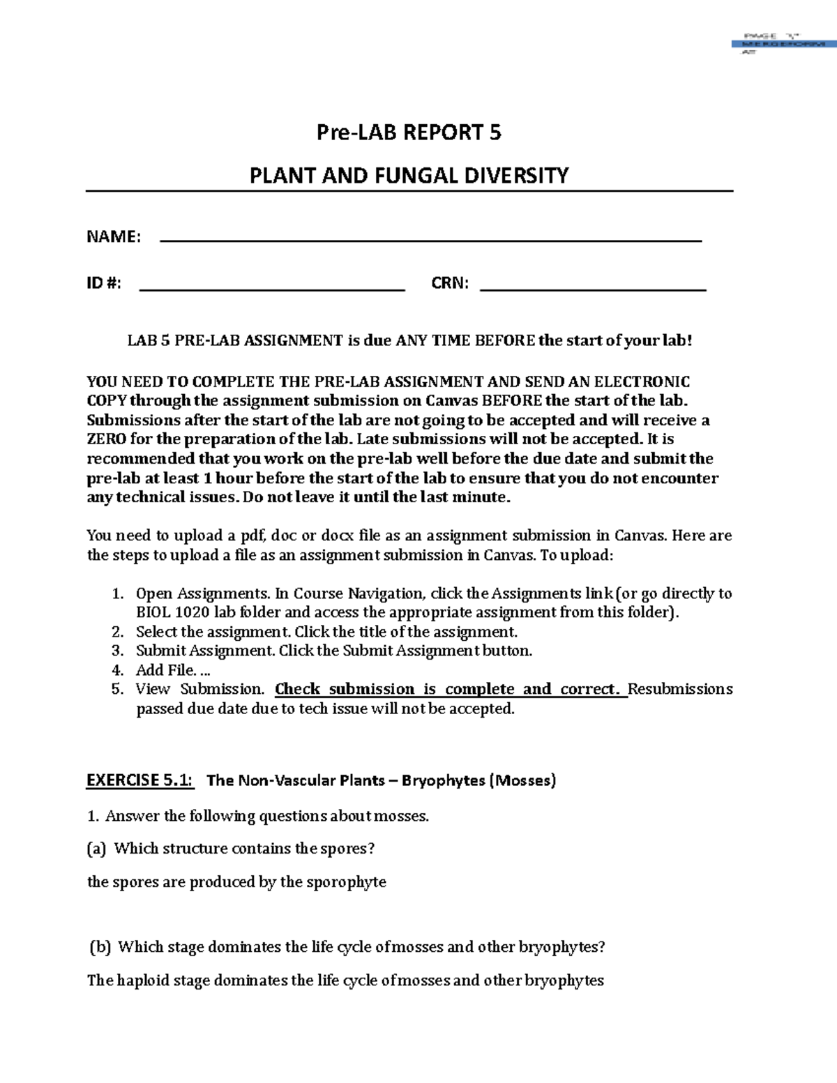 BIOL 1020 Lab 5 Pre-Lab Report: Plant and Fungal Diversity Insights ...