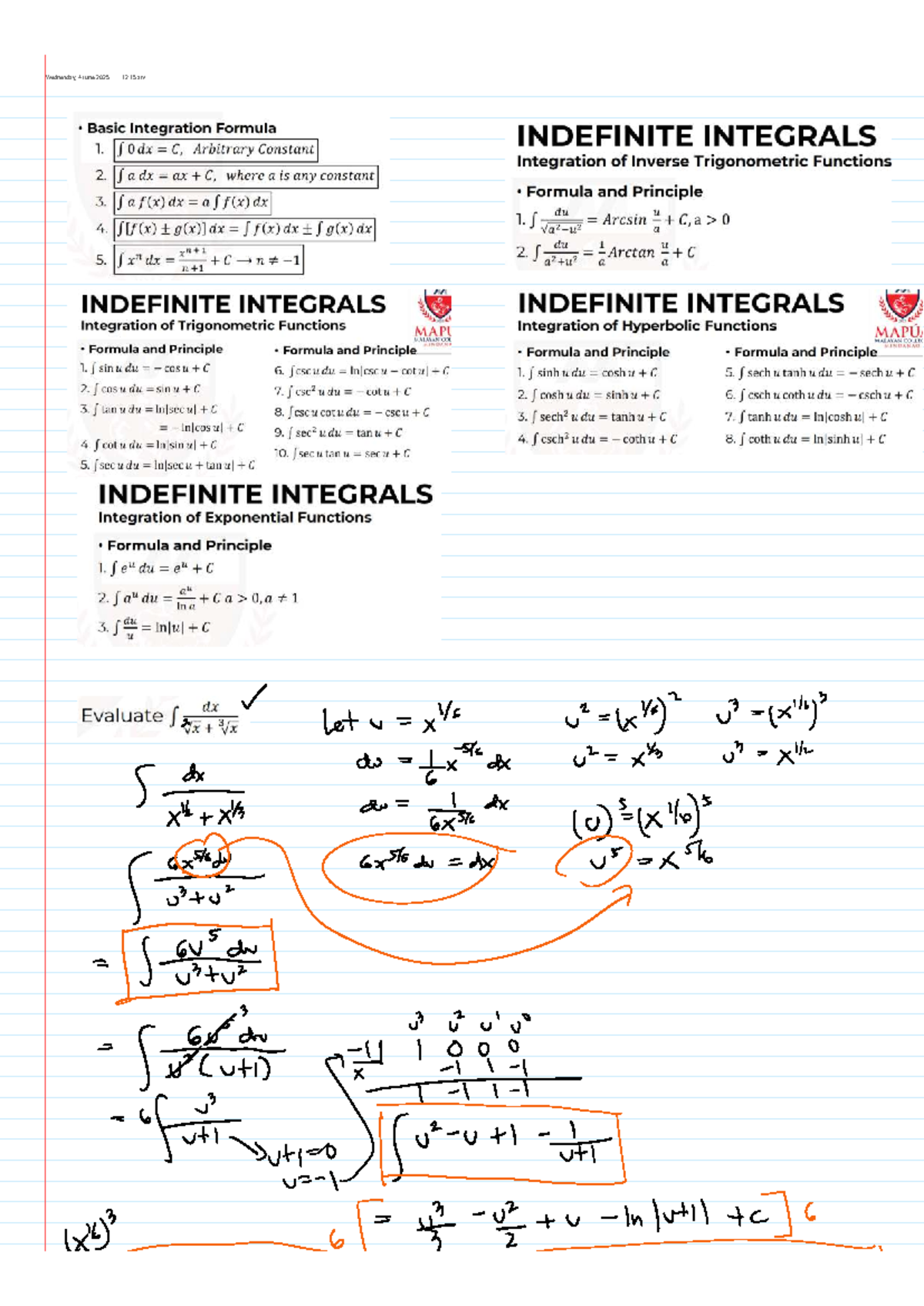 M1 Final Exam Notes: Basic Integration Formulas & Techniques - Studocu