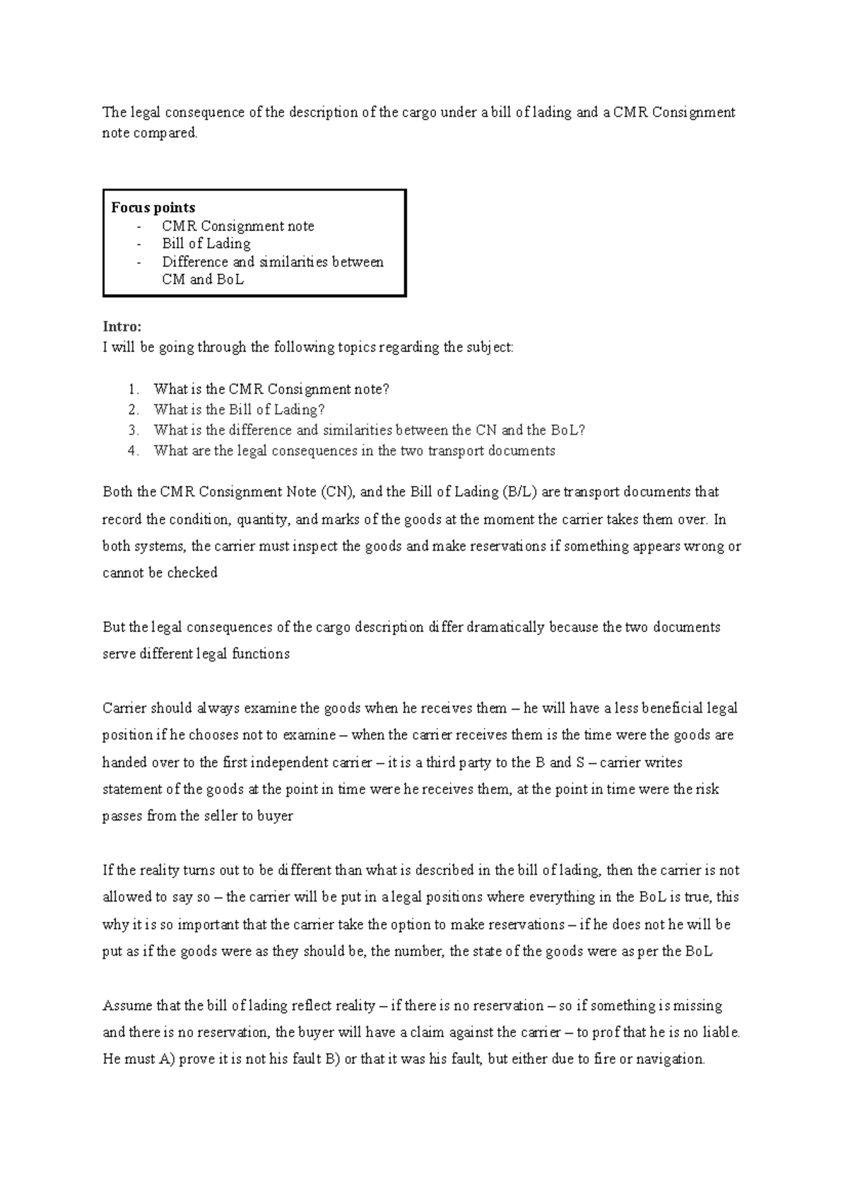 Legal Consequences of Cargo Descriptions: Bill of Lading vs CMR Note ...