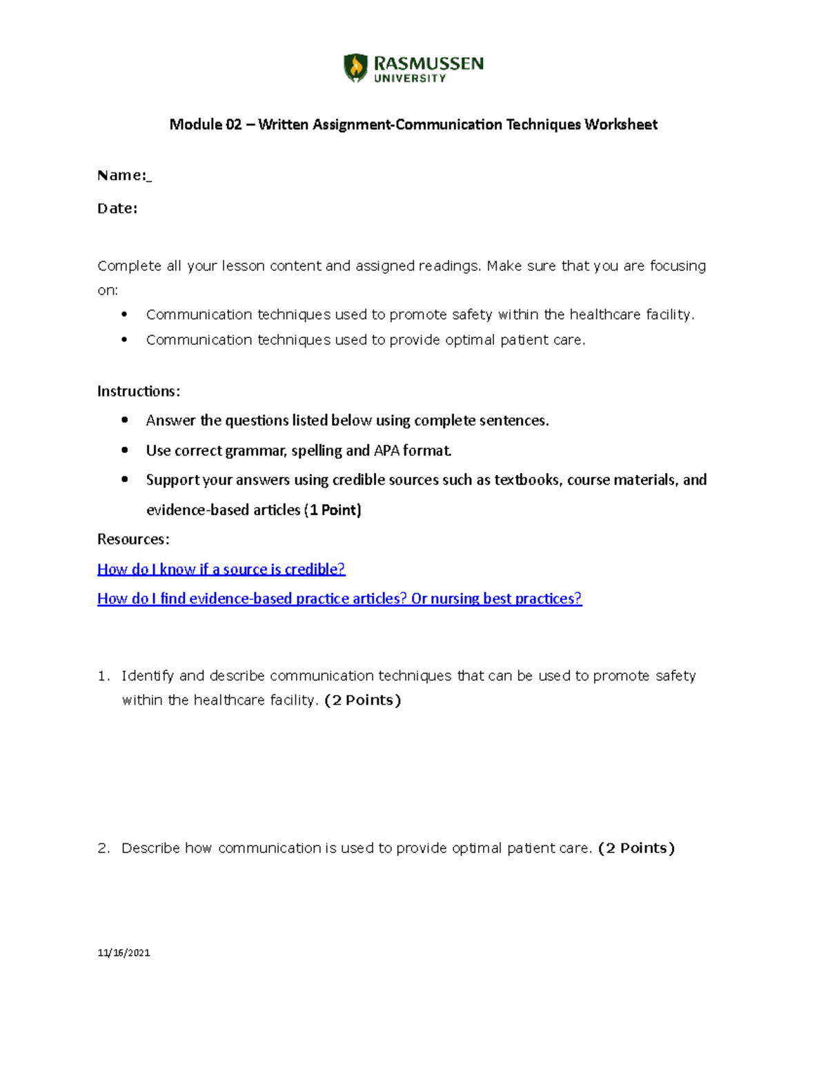 Module 02 Written Assignment Communication Techniques Worksheet - Module 02 – Written - Studocu