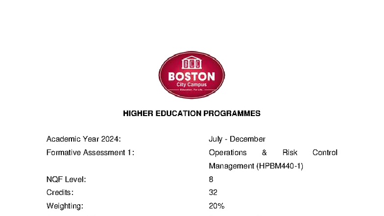 HPBM440 Formative Assessment 1: Operations Risk Control Essay - Studocu