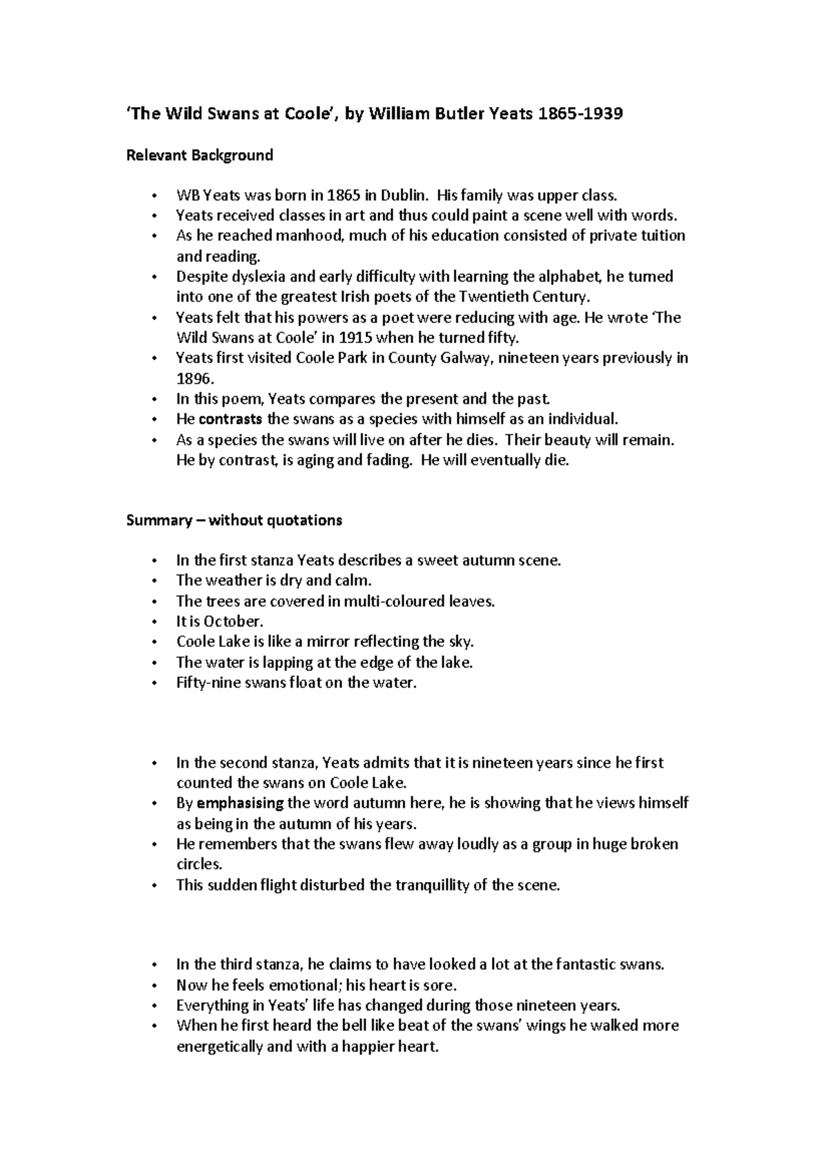 The Wild Swans at Coole: A Surface Analysis of Yeats' Poem - Studocu