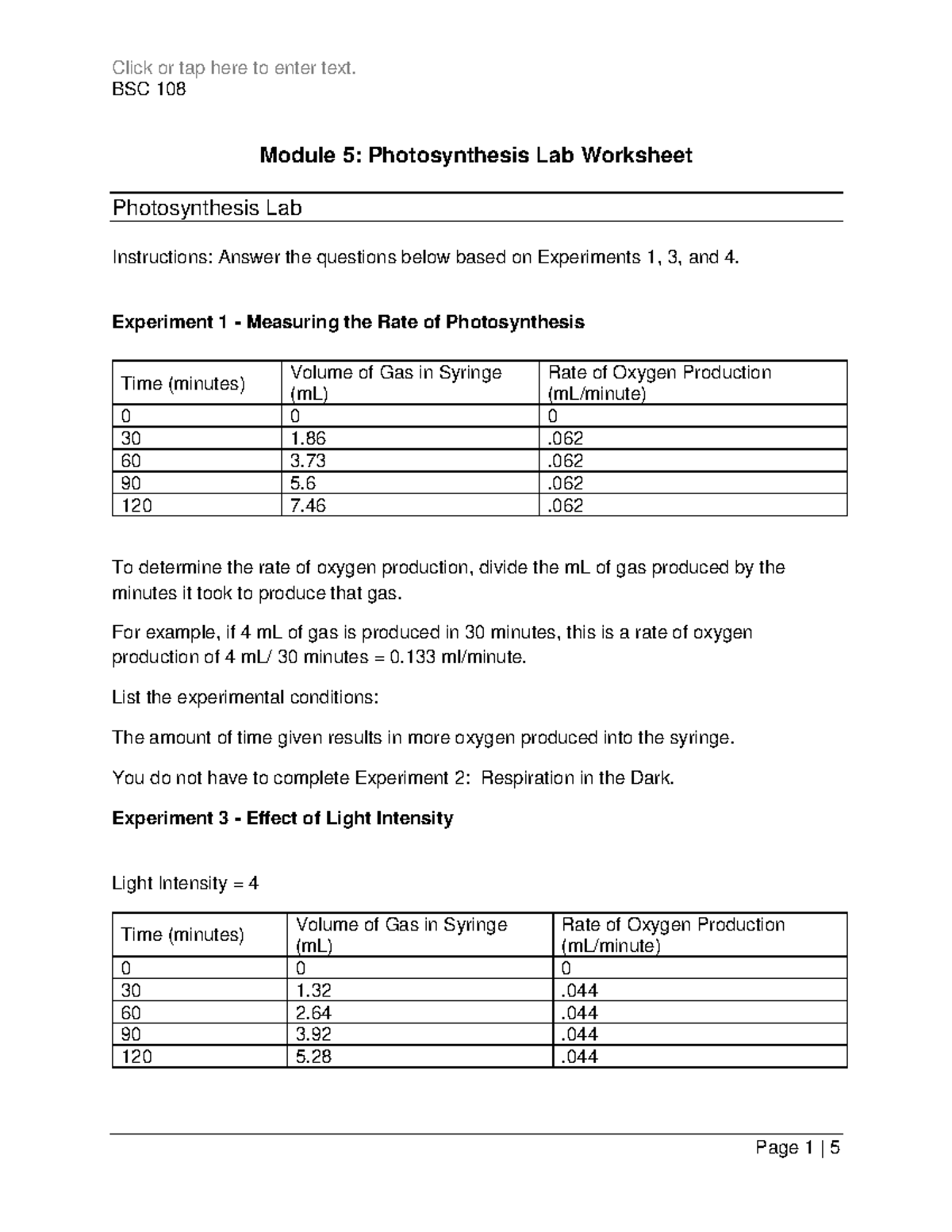 BSC 108 Lab 5: Photosynthesis Rate Measurement and Analysis Worksheet ...
