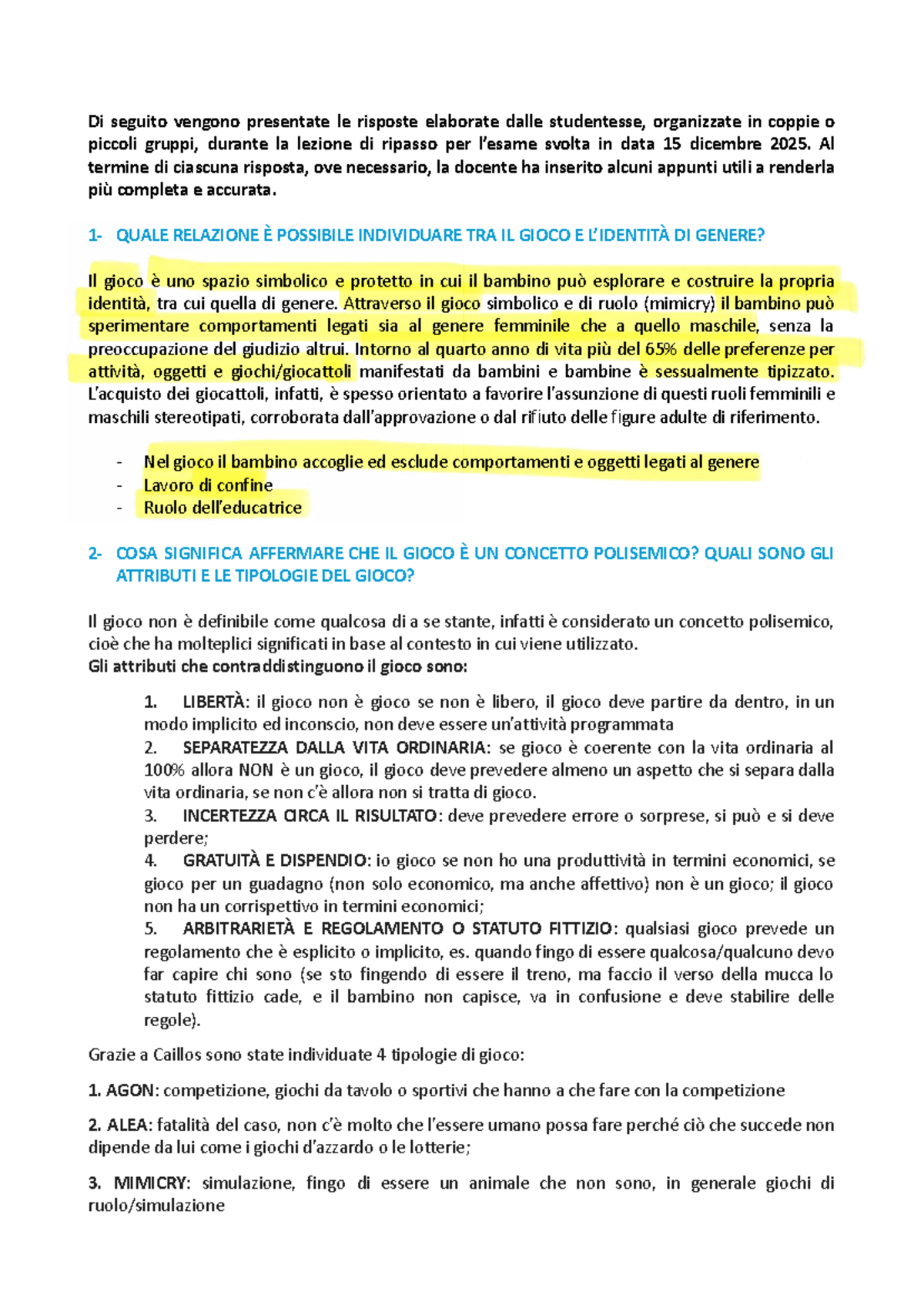 Ripasso Esame: Gioco e Genere - Domande e Risposte (Corso 2025) - Studocu
