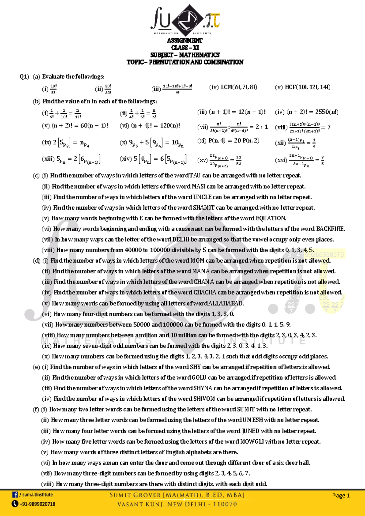 ASSIGNMENT CLASS XI MATHEMATICS TOPIC: PERMUTATION AND COMBINATION ...