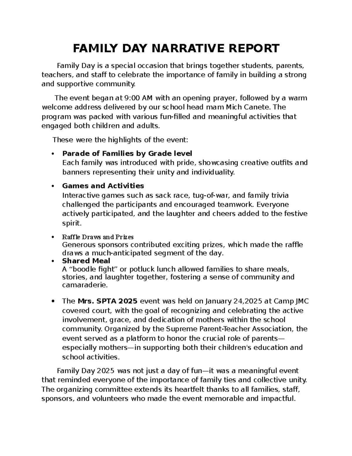 FAMILY DAY 2025 NARRATIVE REPORT: Celebrating Community and Unity - Studocu