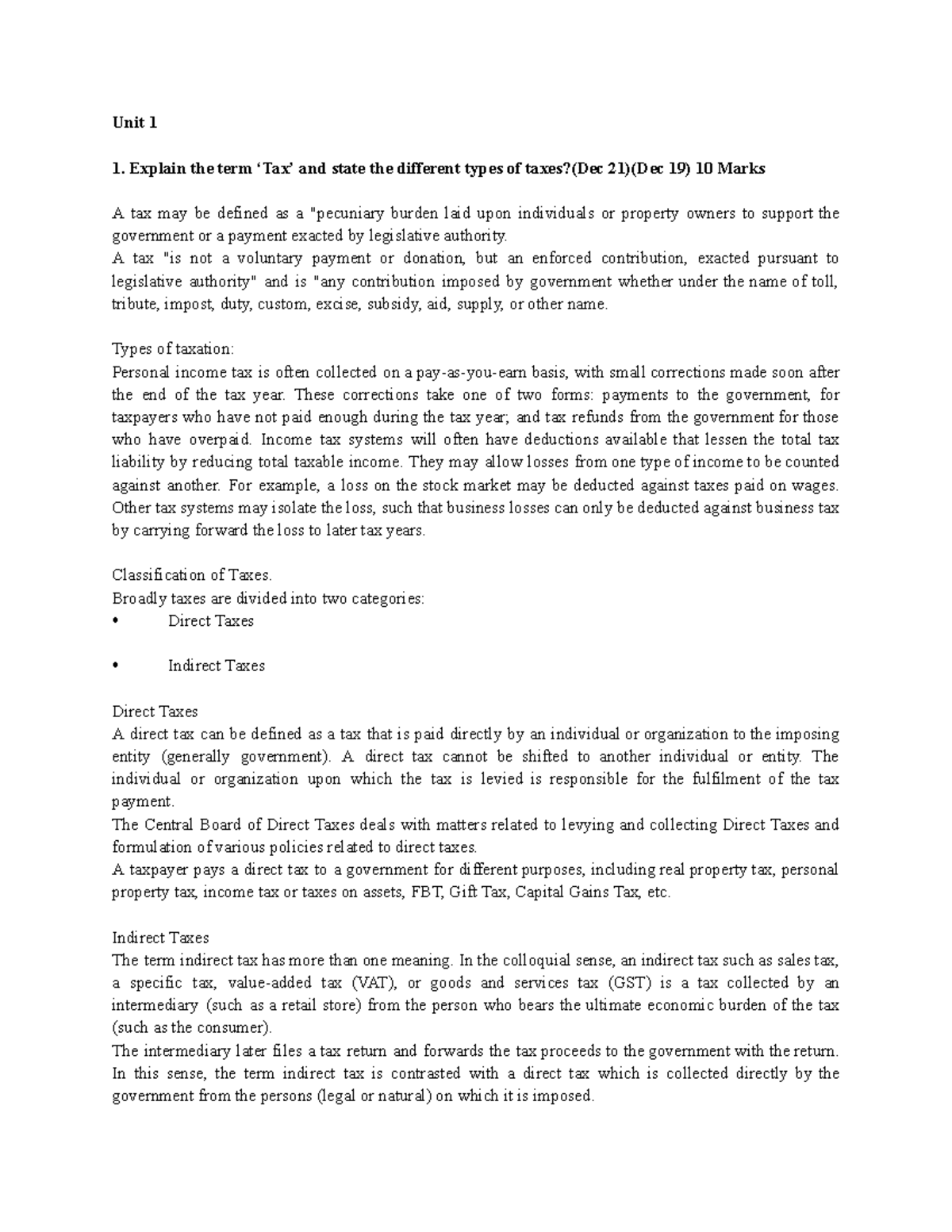 Tax Law Full Notes: Unit 1 - Understanding Types of Taxes and Their ...