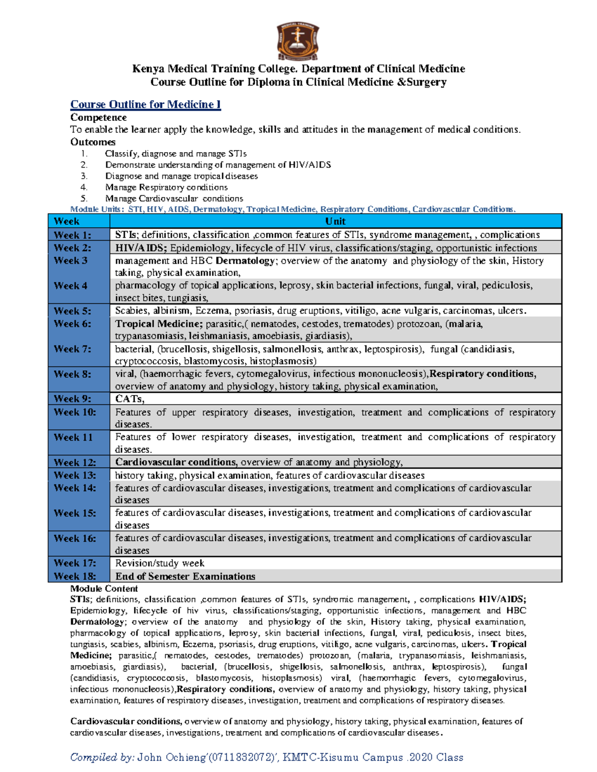 Diploma in Clinical Medicine & Surgery: Course Outline - 1st Year - Studocu