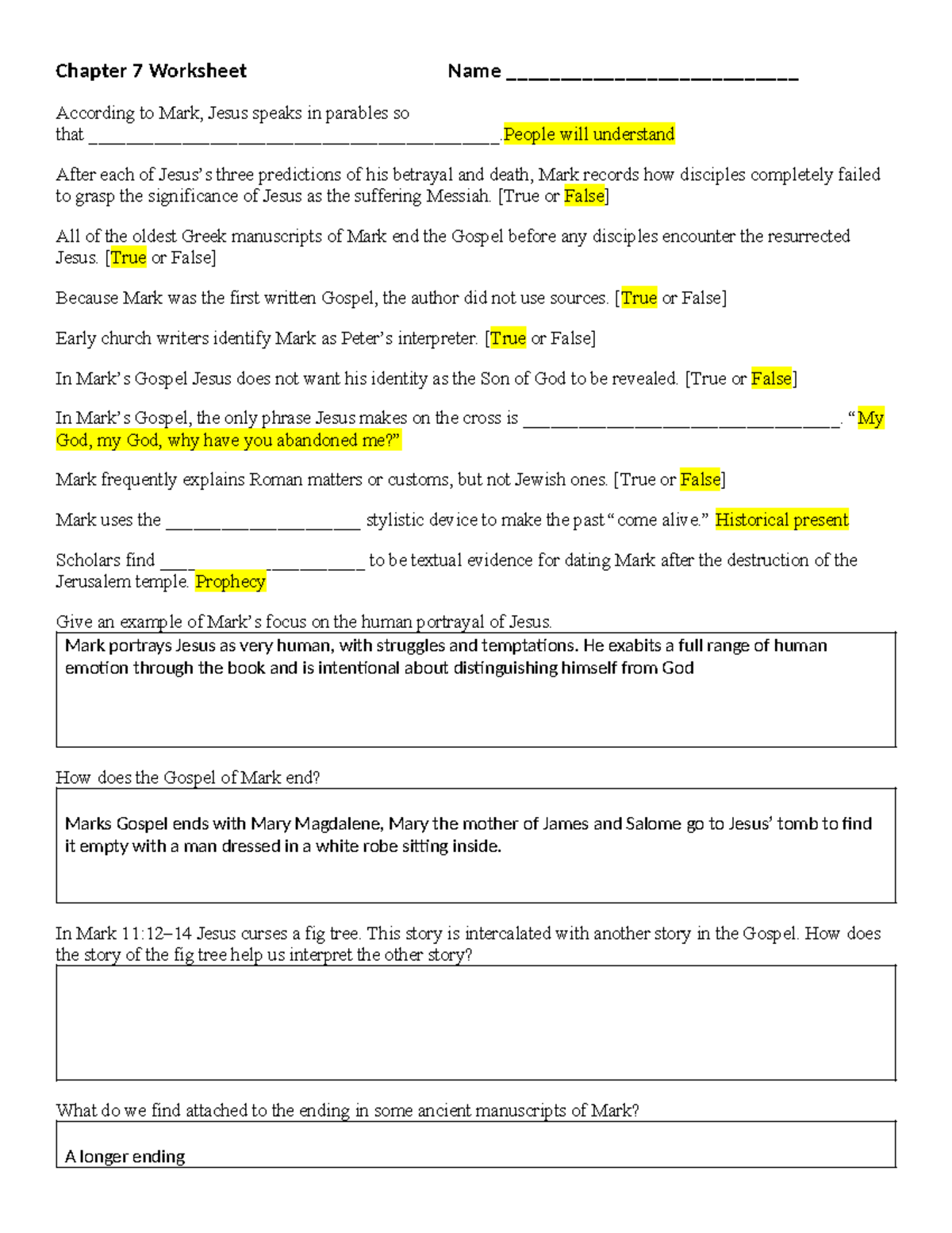 Gospel of Mark Study Guide: Chapter 7 Worksheet Analysis - Studocu