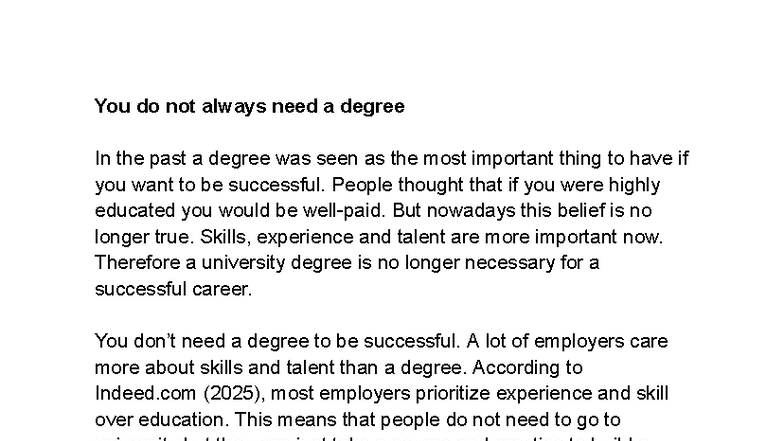 Essay: The Value of Skills Over Degrees in Career Success - Studeersnel
