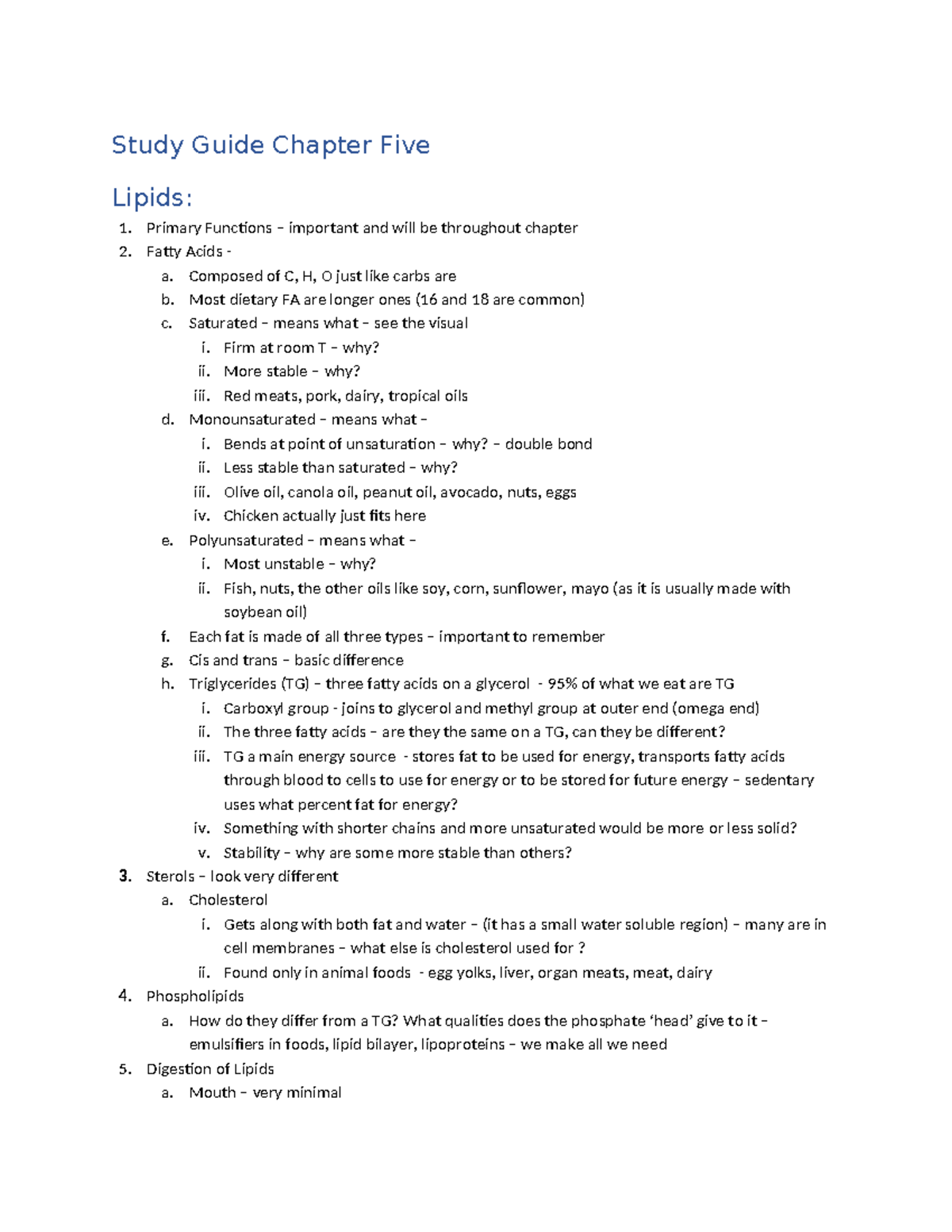 Study Guide CH5: Lipids - Functions, Fatty Acids, and Digestion - Studocu