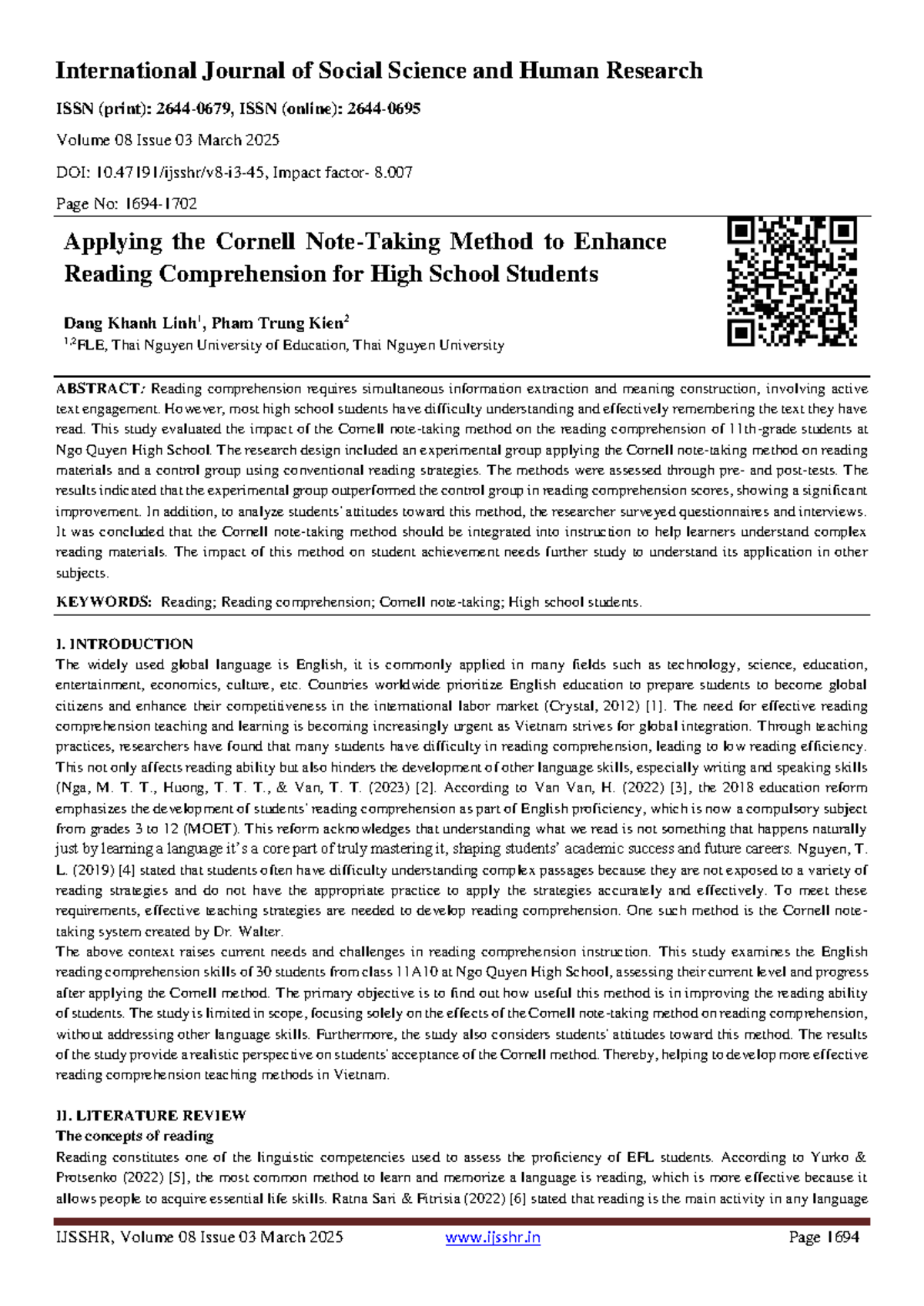 Enhancing Reading Comprehension in High School: Cornell Method Study ...