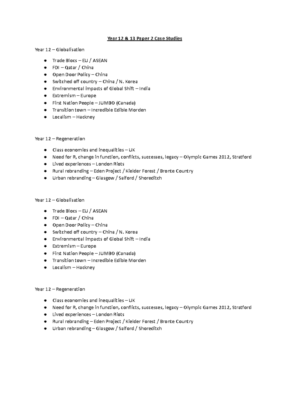 Year 12 & 13 Paper 2 Case Study Highlights and Key Topics - Studocu