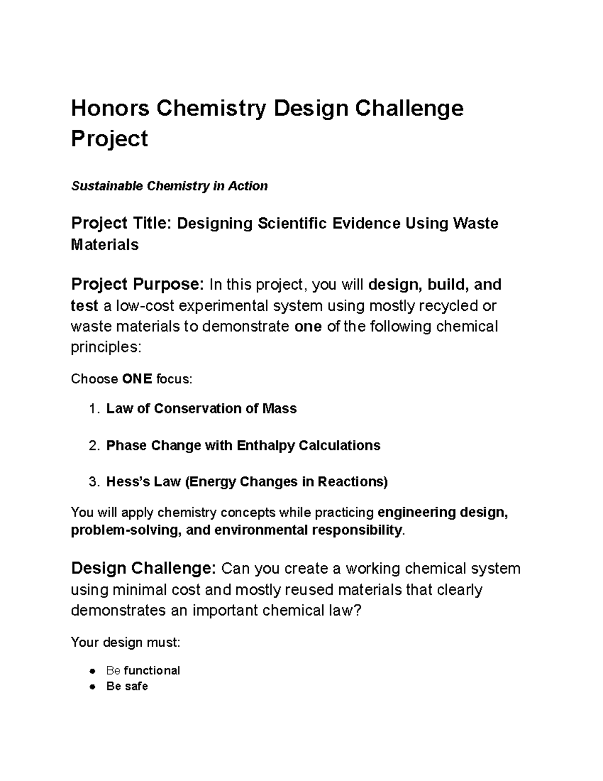 Honors Chemistry Design Challenge: Sustainable Chemistry Project - Studocu