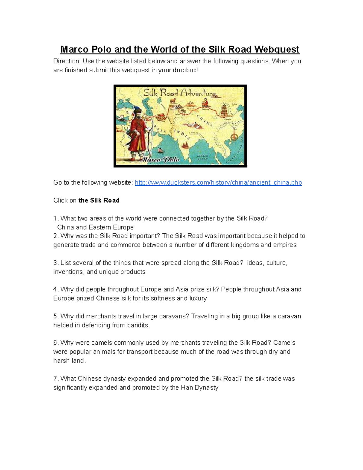 Marco Polo and the Silk Road Webquest Guide for Students - Studocu