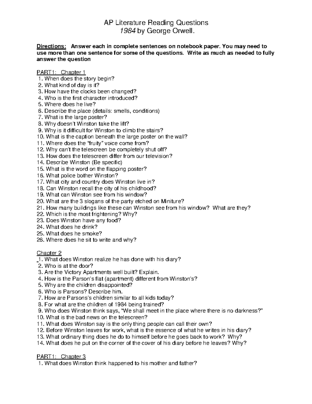 1984 AP Literature Chapter Review Questions and Analysis - Studocu