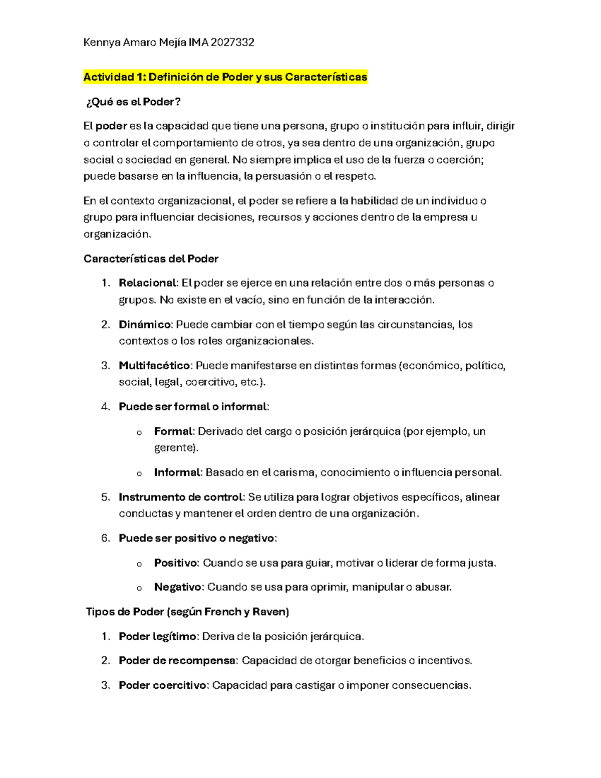 Definición de Poder y Autoridad en las Organizaciones IMA 2027332 - Studocu