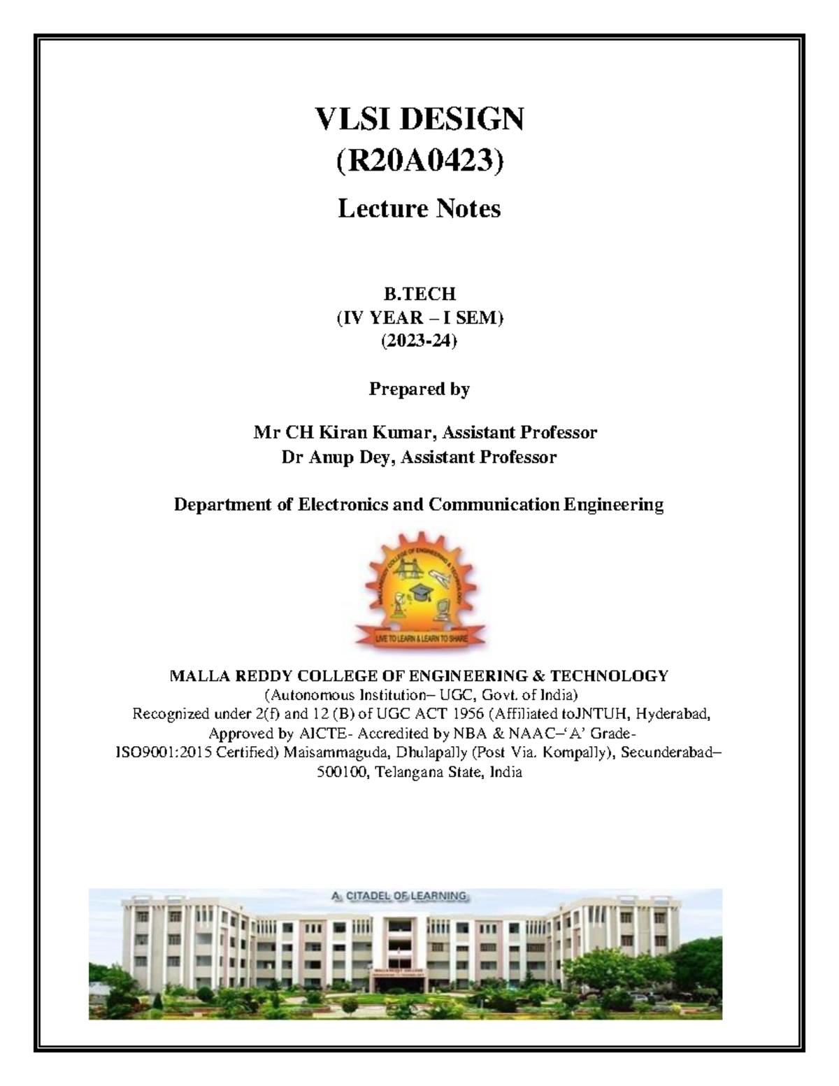 VLSI DESIGN Lecture Notes (R20A04 23) for ECE IV Year 1 Sem - Studocu