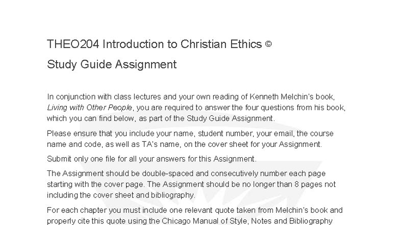 THEO204 Study Guide: Christian Ethics Assignment Overview - Studocu