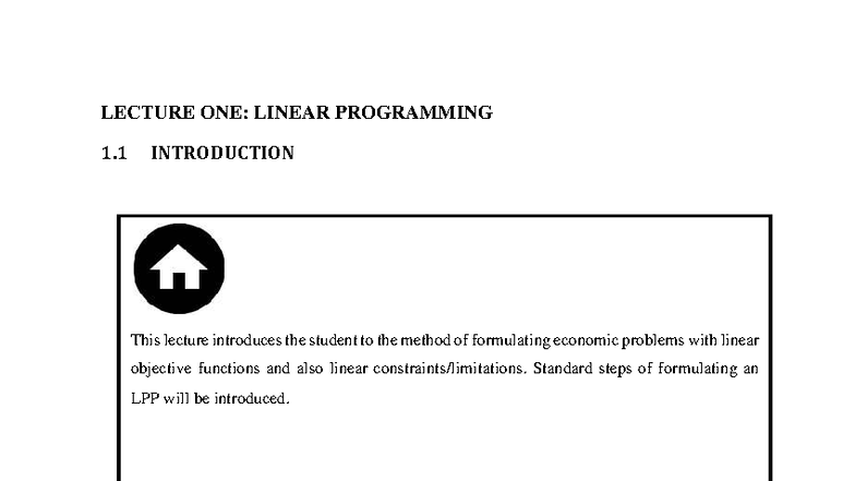 1 Lecture ONE- Introduction TO LPP - LECTURE ONE: LINEAR PROGRAMMING 1 ...