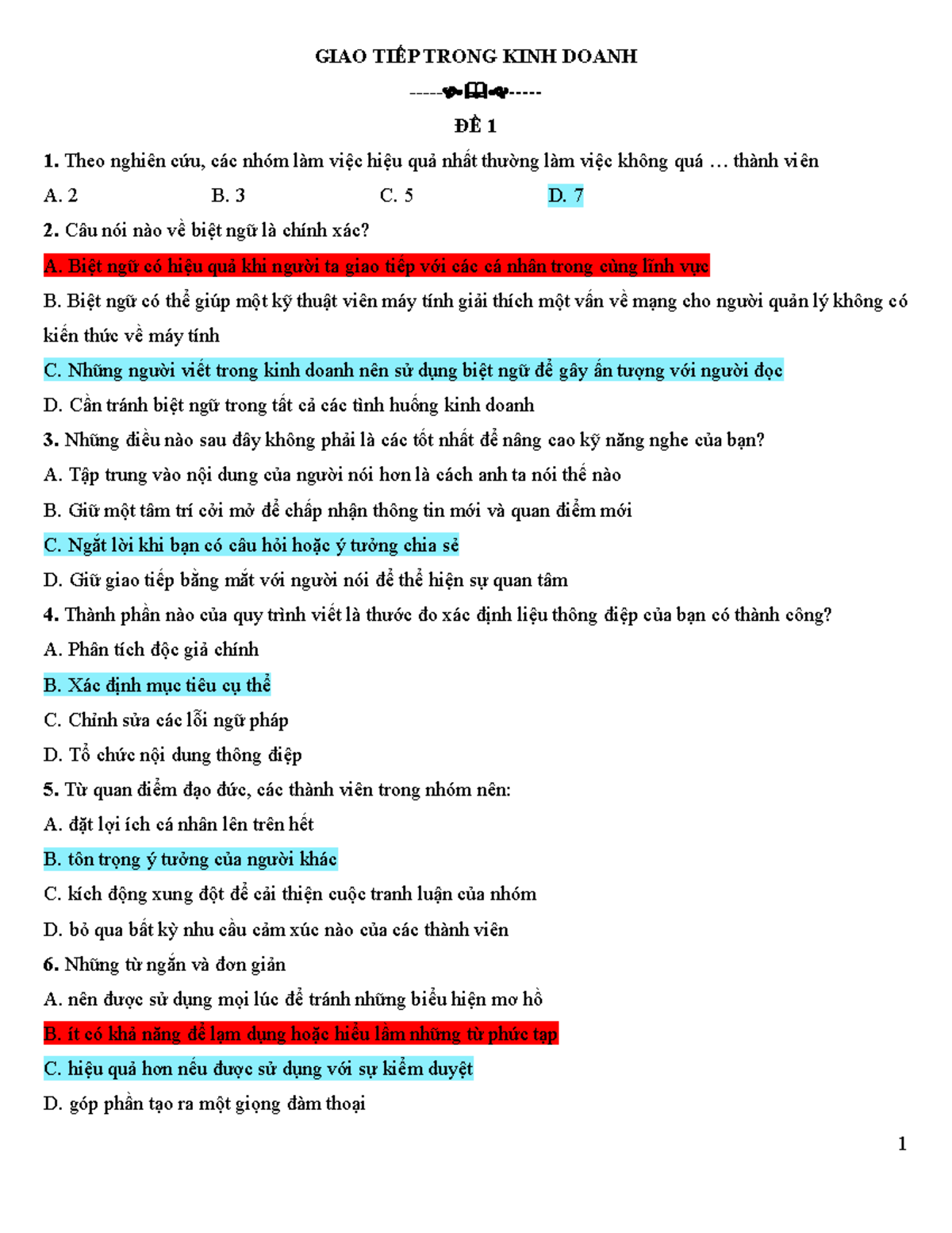 GIAO TIẾP TRONG KINH DOANH: ĐỀ THI VÀ CÂU HỎI ÔN TẬP - Studocu