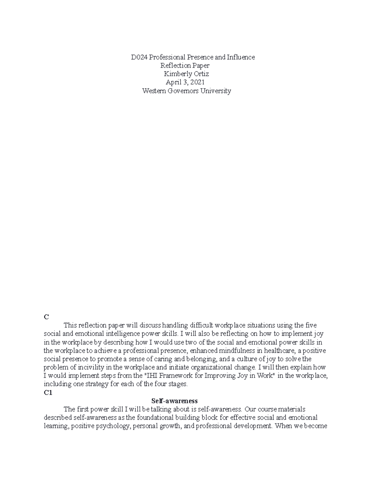 D024 Reflection Paper on Joy in the Workplace & Emotional Intelligence ...