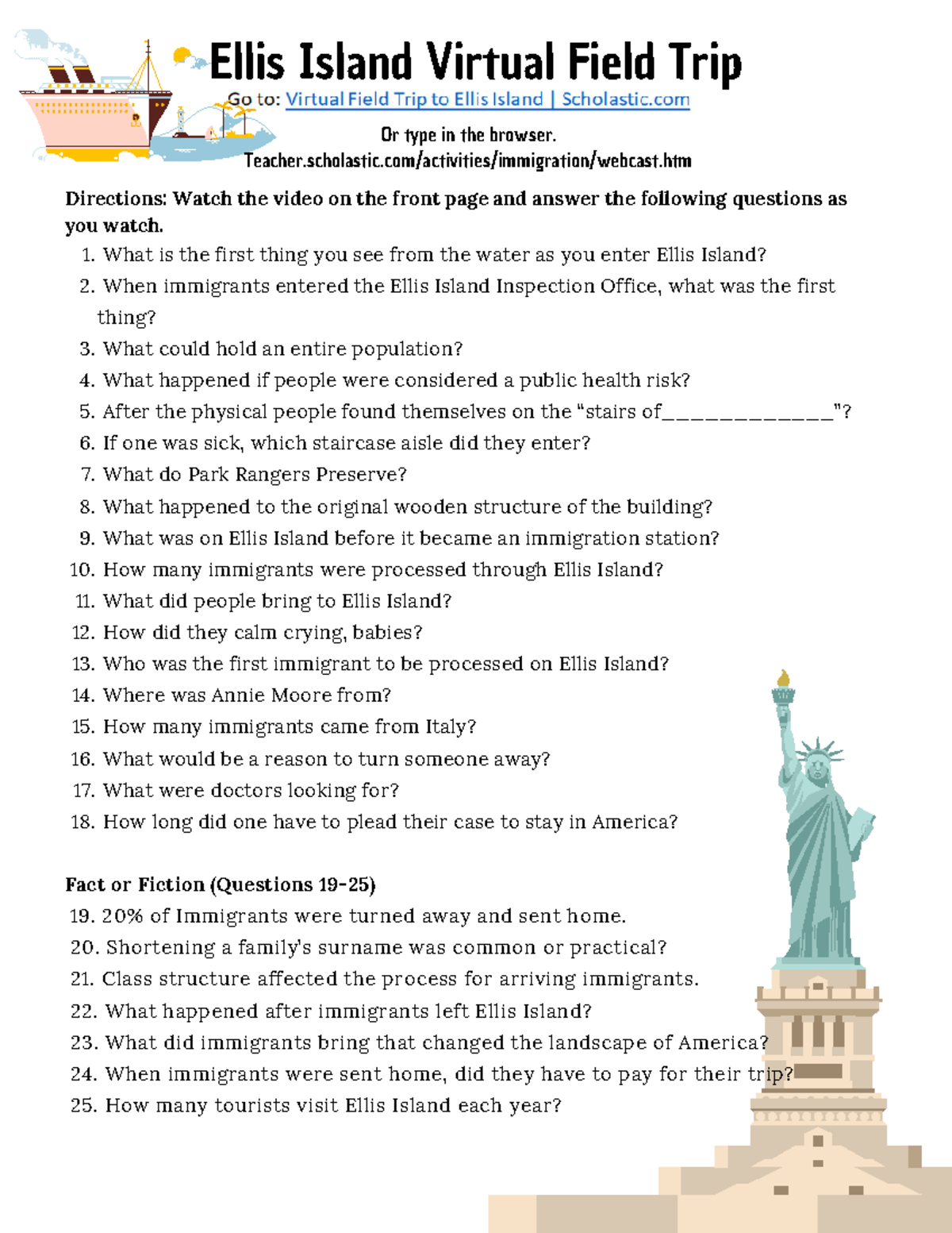 Ellis Island Virtual Field Trip Worksheet: Key Questions & Insights ...