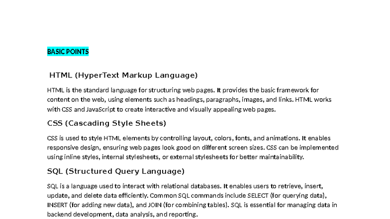 BASIC POINTS: HTML, CSS, SQL, Data Visualization & Python - Studocu