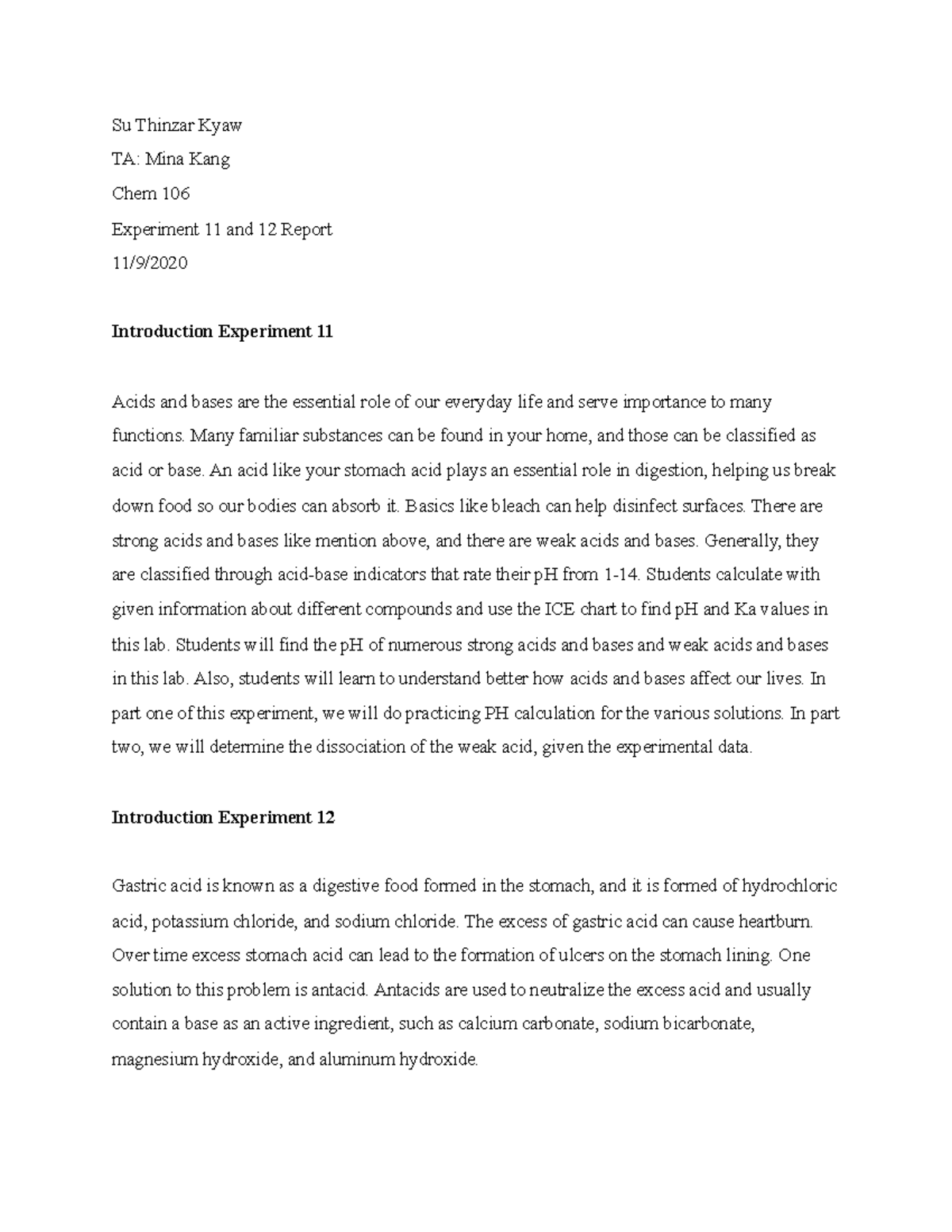 Lab 106 Final Report: Experiments 11 & 12 on Acids, Bases, and Antacids ...