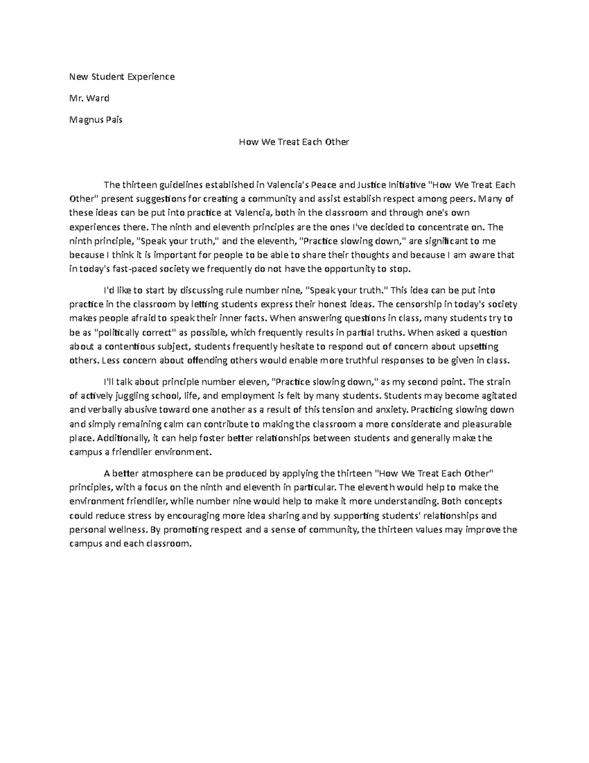 Reflection on 'How We Treat Each Other' Principles - NSE 101 - Studocu