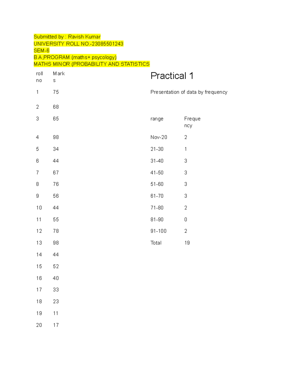 B.A. Psychology (Maths Minor) Practical Statistics Report - Studocu