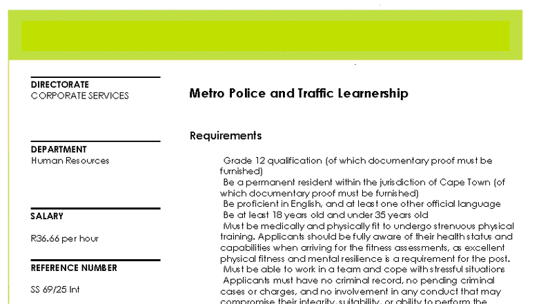 Metro Police and Traffic Learnership - ELIGIBILITY All Qualified ...